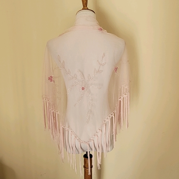 Accessories | Sheer Pink Embriodered Fringe Wrap | Poshmark